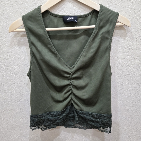 Cider | Tops | Cider Forest Green Ruched Lace Crop Top | Poshmark